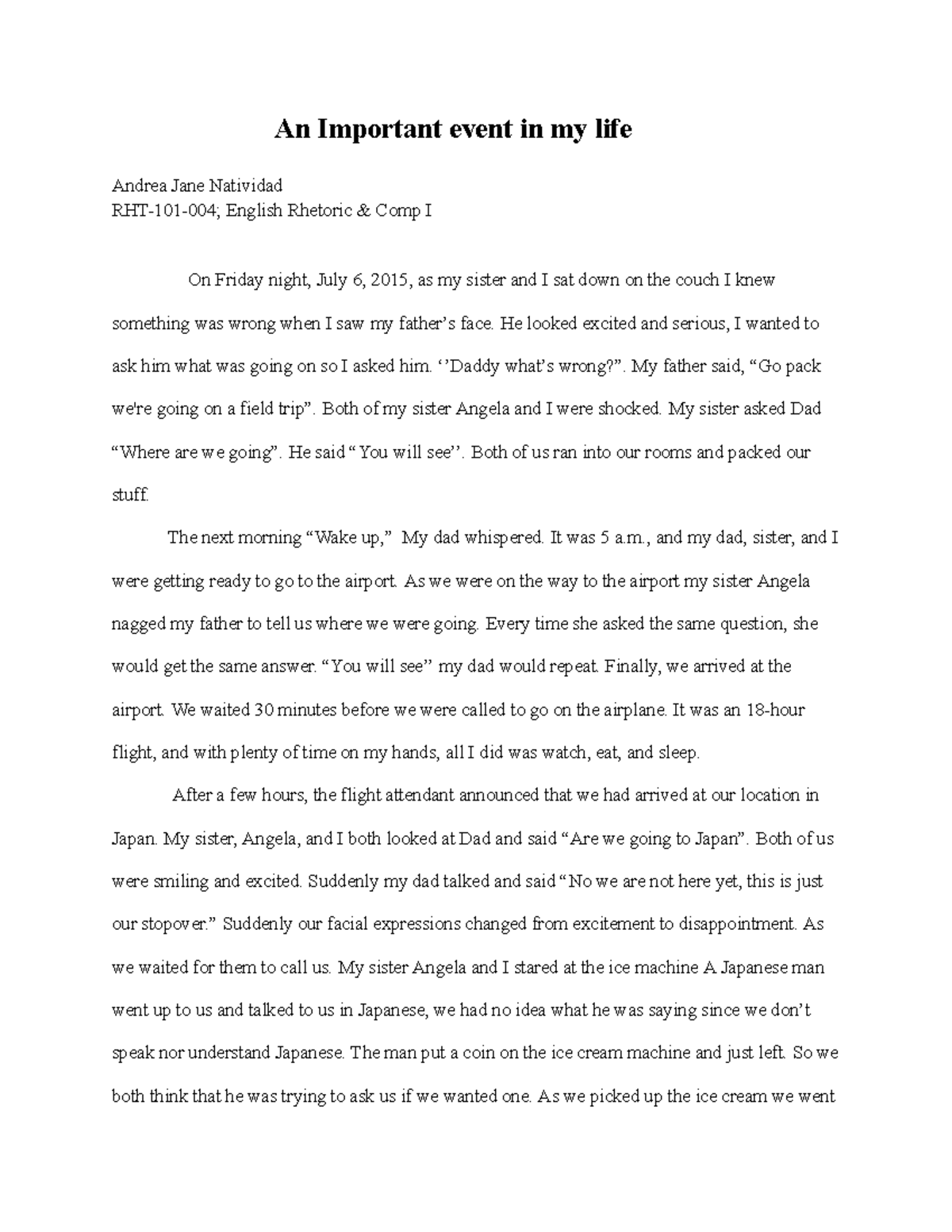Narractive Essay - An Important event in my life Andrea Jane Natividad ...