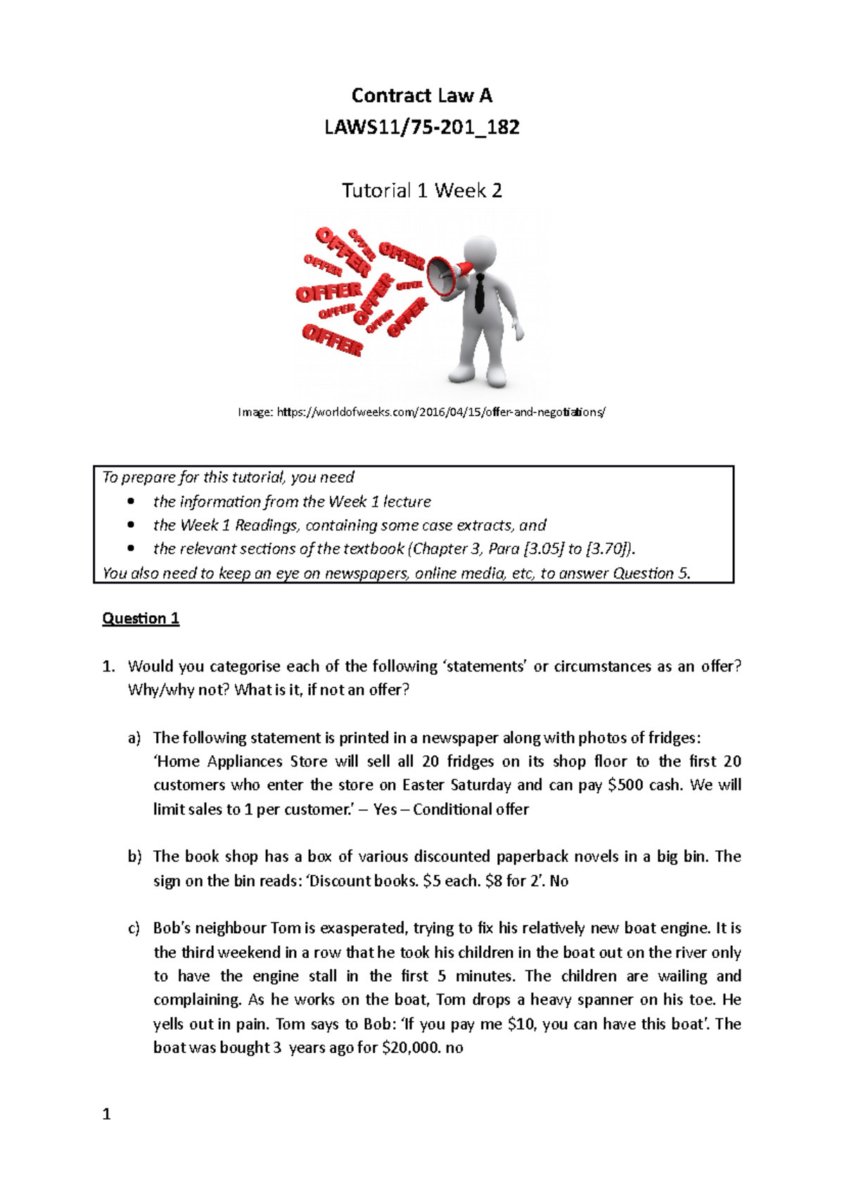 Contracts - Tutorial 1 - Contract Law A LAWS11/75-201_ Tutorial 1 Week ...
