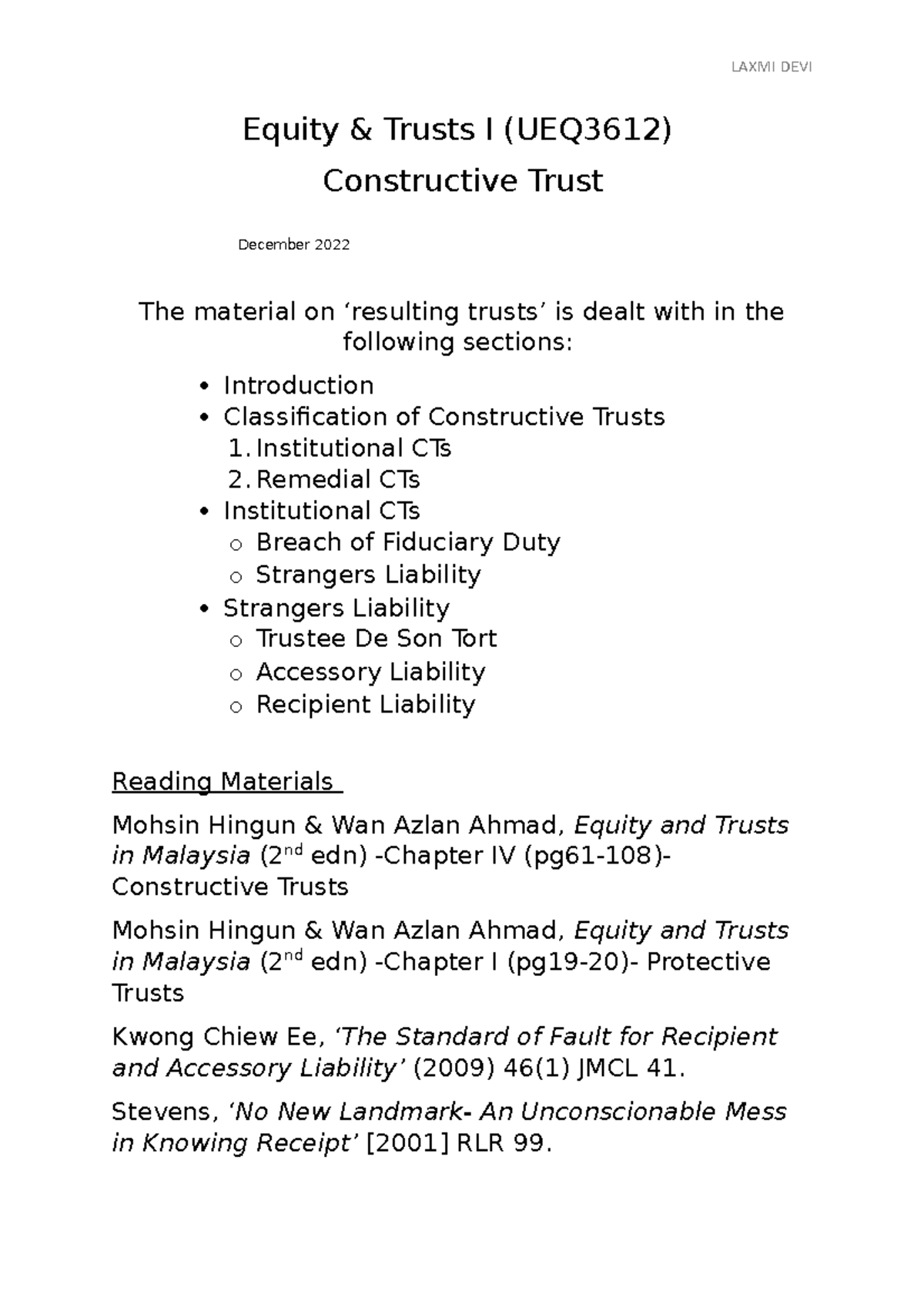 Construtive Trusts Handout - Equity & Trusts I (UEQ3612) Constructive Trust December 2022 The ...