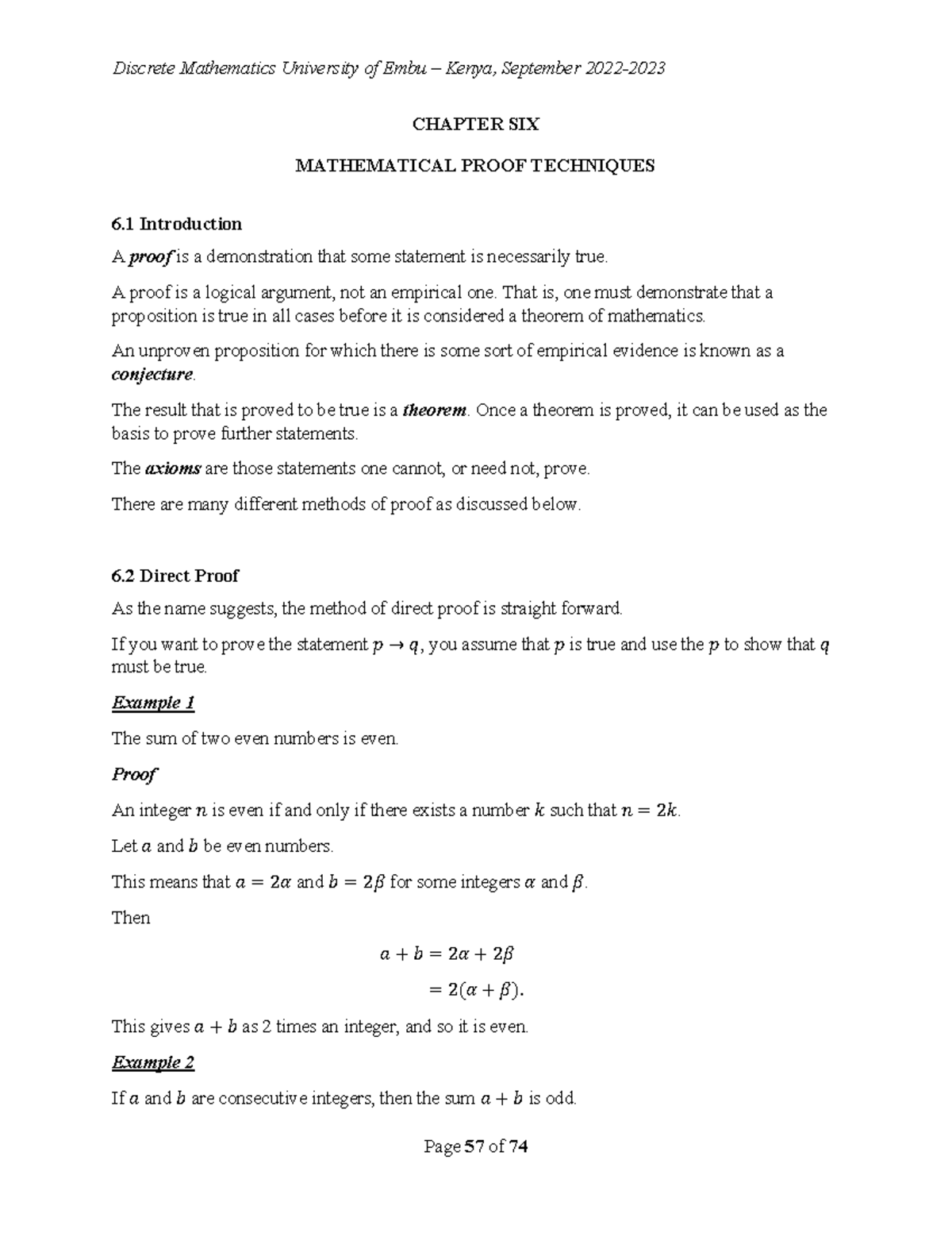 CSC 113 Discrete Mathematics 6 - CHAPTER SIX MATHEMATICAL PROOF TECHNIQUES 6 Introduction A ...