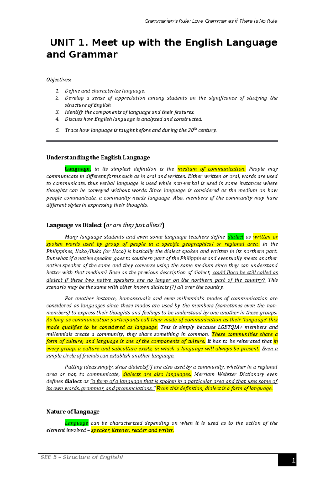 SEE 5 Module Sir Darwin - SEE 5 – Structure of English) UNIT 1. Meet up ...