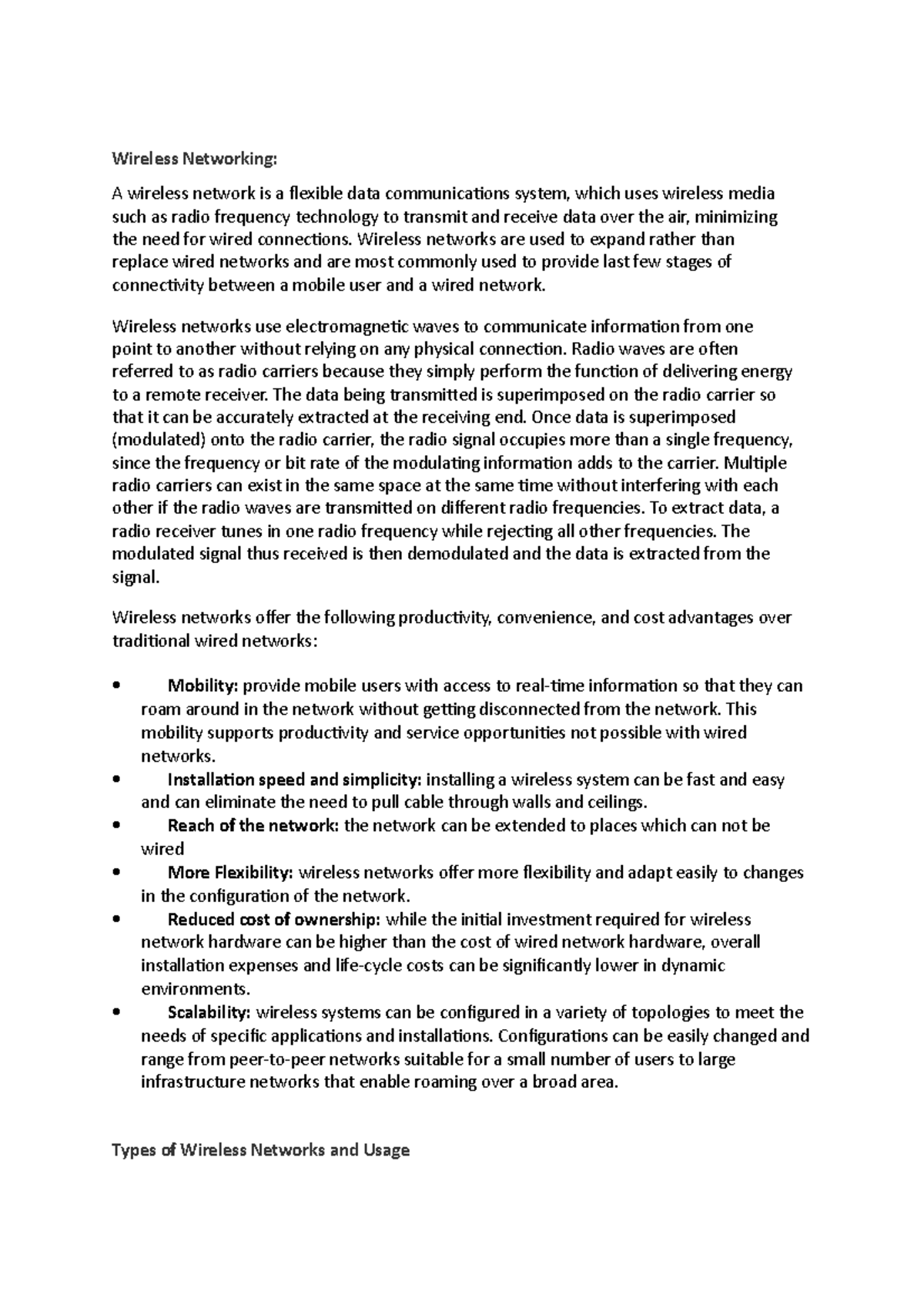 Lecture 1 - no more - Wireless Networking: A wireless network is a ...