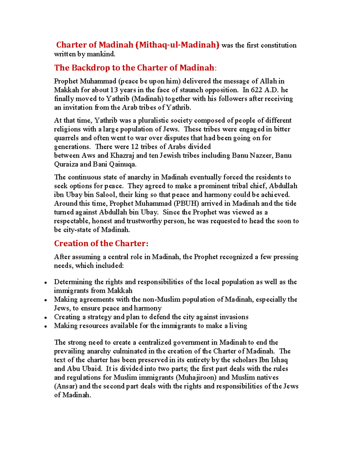 Islamic studies 1 - Charter of - ad inah (- ithaq-u l- ad inah) was the ...