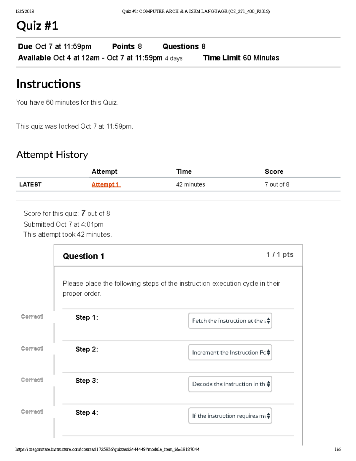 Quiz #1 Computer ARCH & Assem Language (CS 271 400 F2018 ) - 12/5/2018 ...