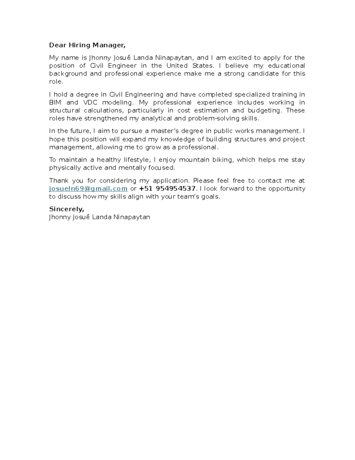Carta de presentacion ingles 4 - Dear Hiring Manager, My name is Jhonny ...