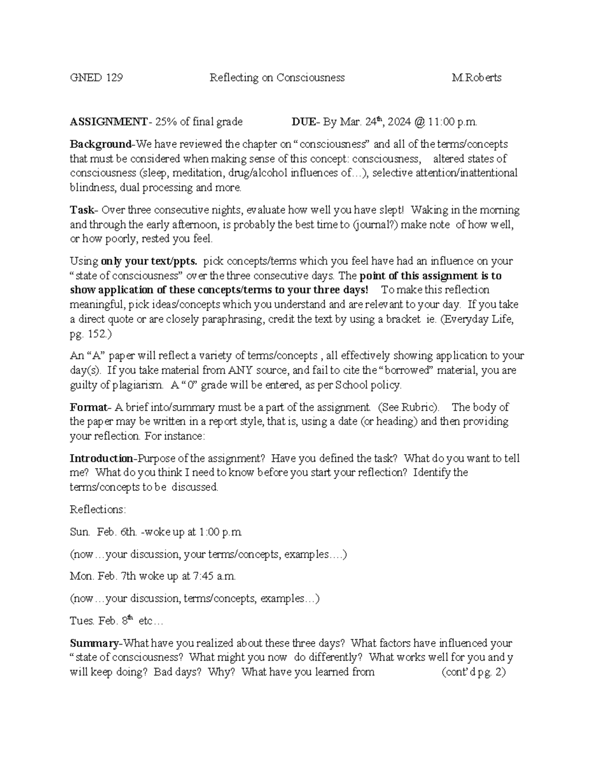 GNED 129 Reflecting on Consciousness (19) (3) (1) (10) - GNED 129 ...