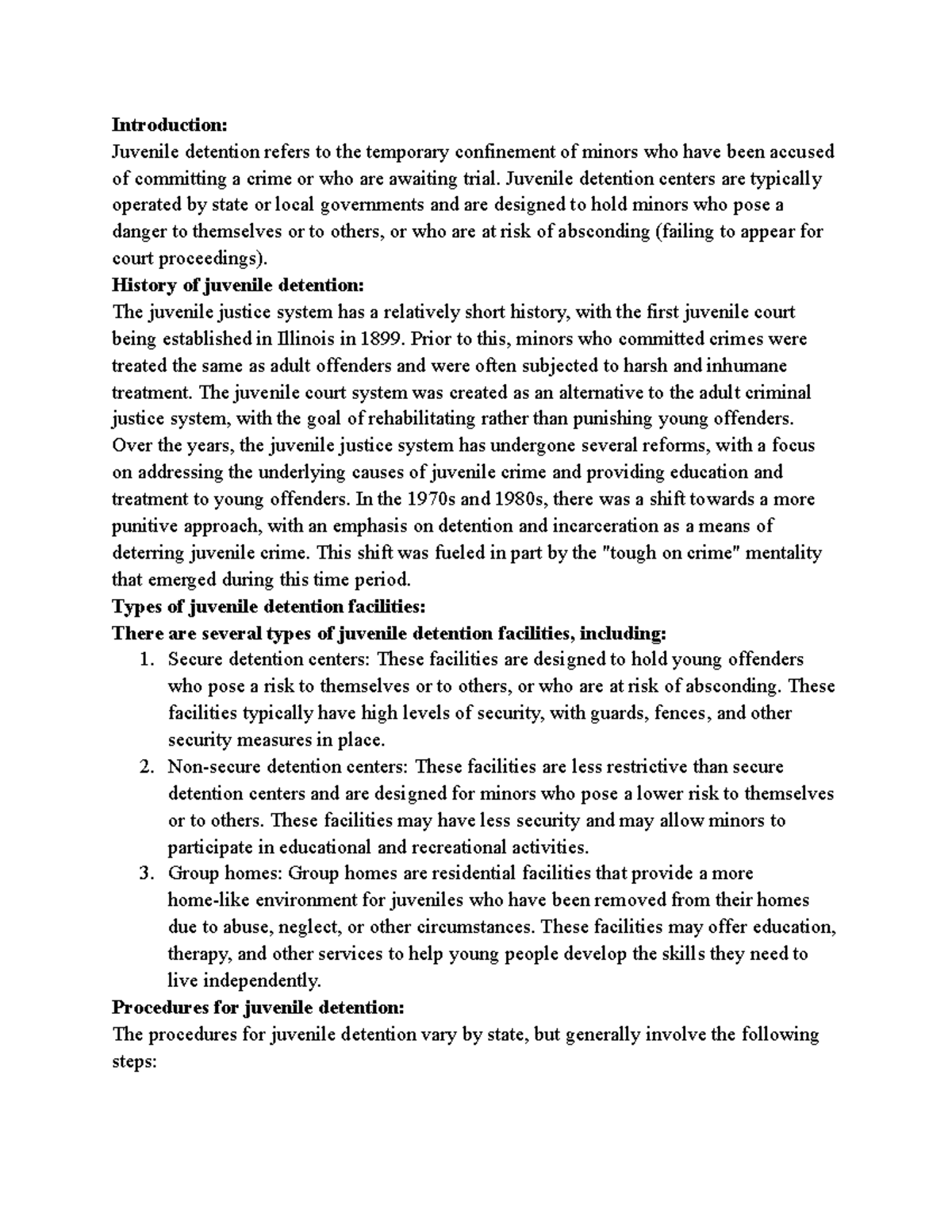 Juvenile Detention Notes - Introduction: Juvenile detention refers to ...