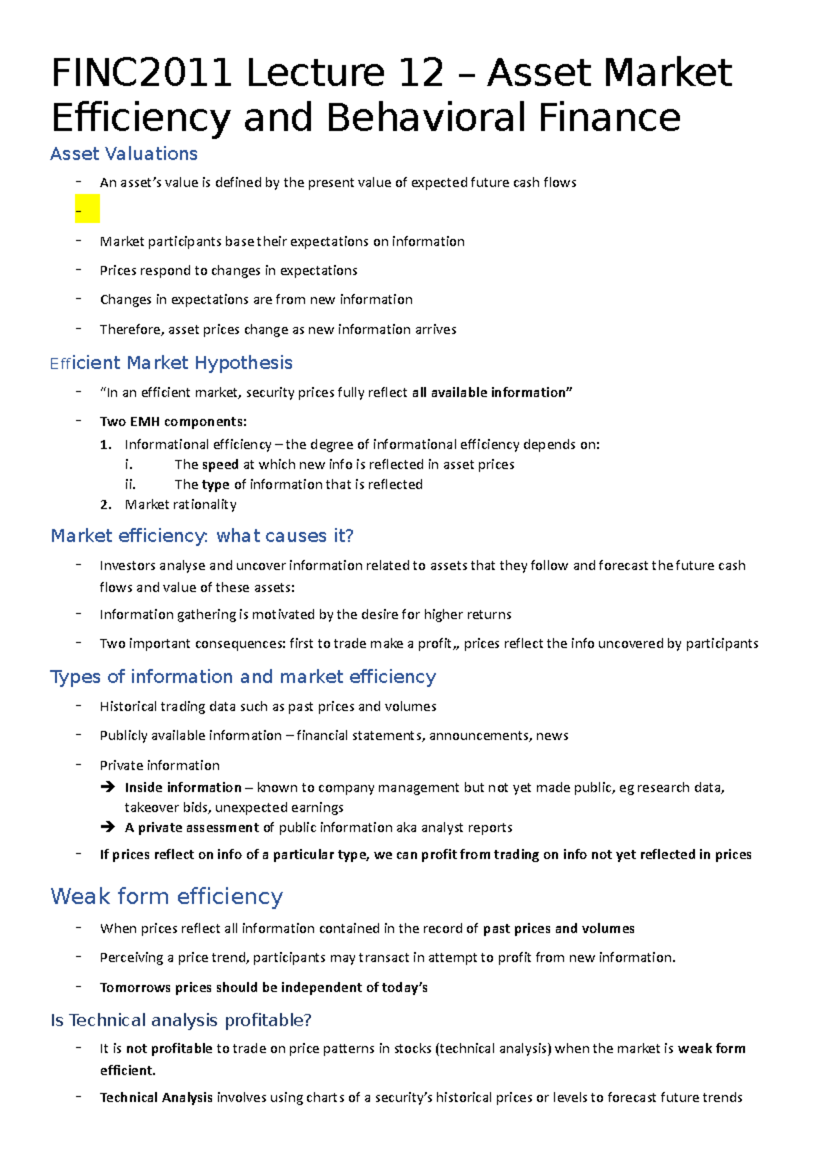 FINC2011 Lecture 12 - Market Efficiency - FINC2011 Lecture 12 – Asset ...