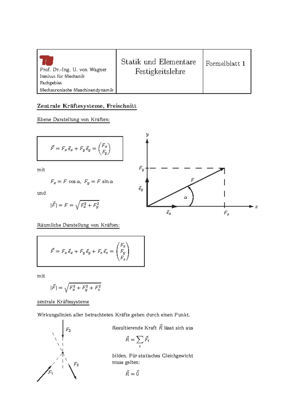Formelblatt 01 - Zentrale Kr¨aftesysteme, Freischnitt - Statik und ...