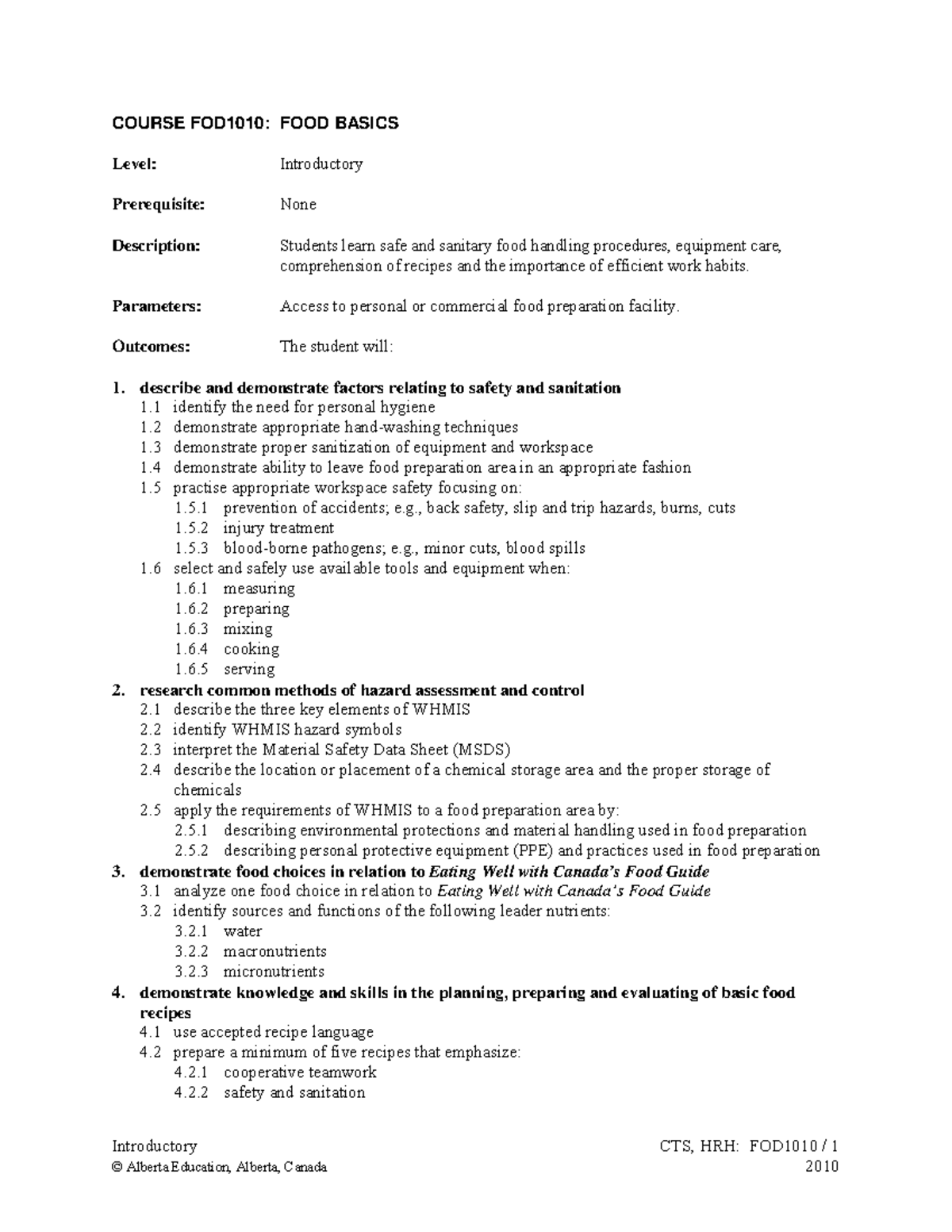 Fod pos - outcomes for math 10-3 food outcomes 103 - Introductory CTS ...