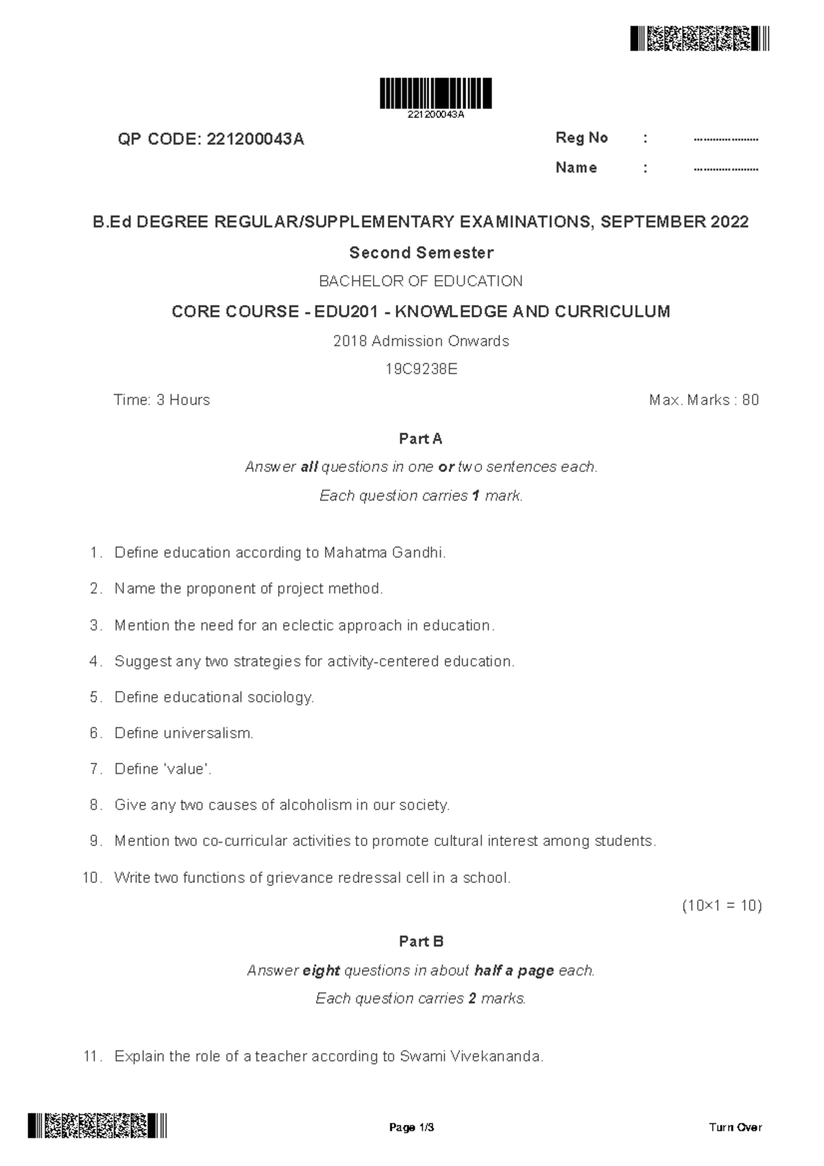 Uty Question - 2022 - QP CODE: 221200043A Reg No : ..................... Name : - Studocu