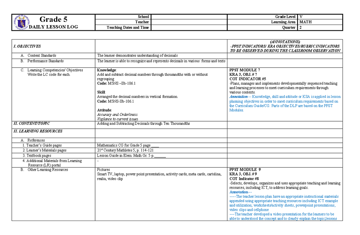 Ilide - Grade 5 DAILY LESSON LOG School Grade Level V Teacher Learning ...