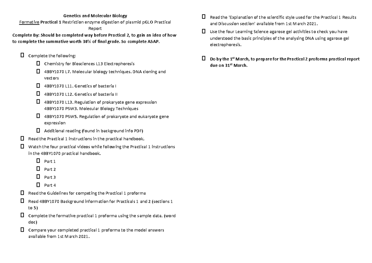 Genetics & Molecular Biology Coursework checklist - Genetics and ...