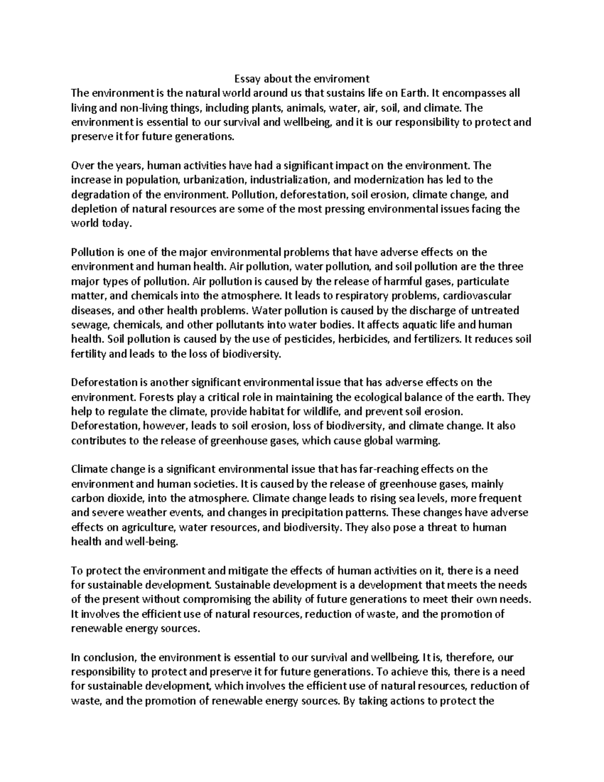 Document 1 - Environmental esaay - Essay about the enviroment The ...