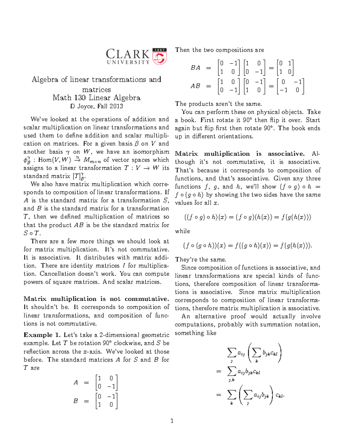 Matrix Multiplication Properties Algebra Of Linear Transformations