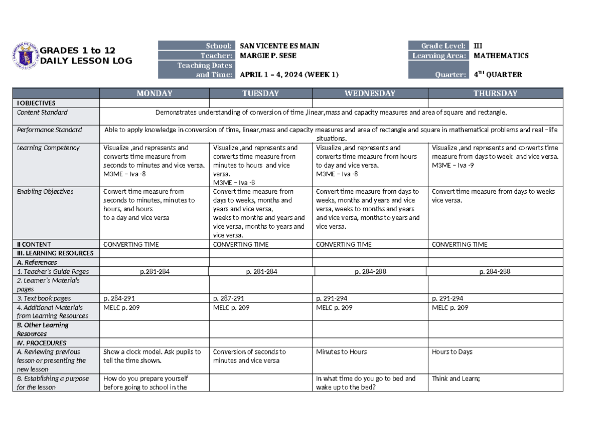 DLL Mathematics 3 Q4 W1 - asdas - GRADES 1 to 12 DAILY LESSON LOG ...