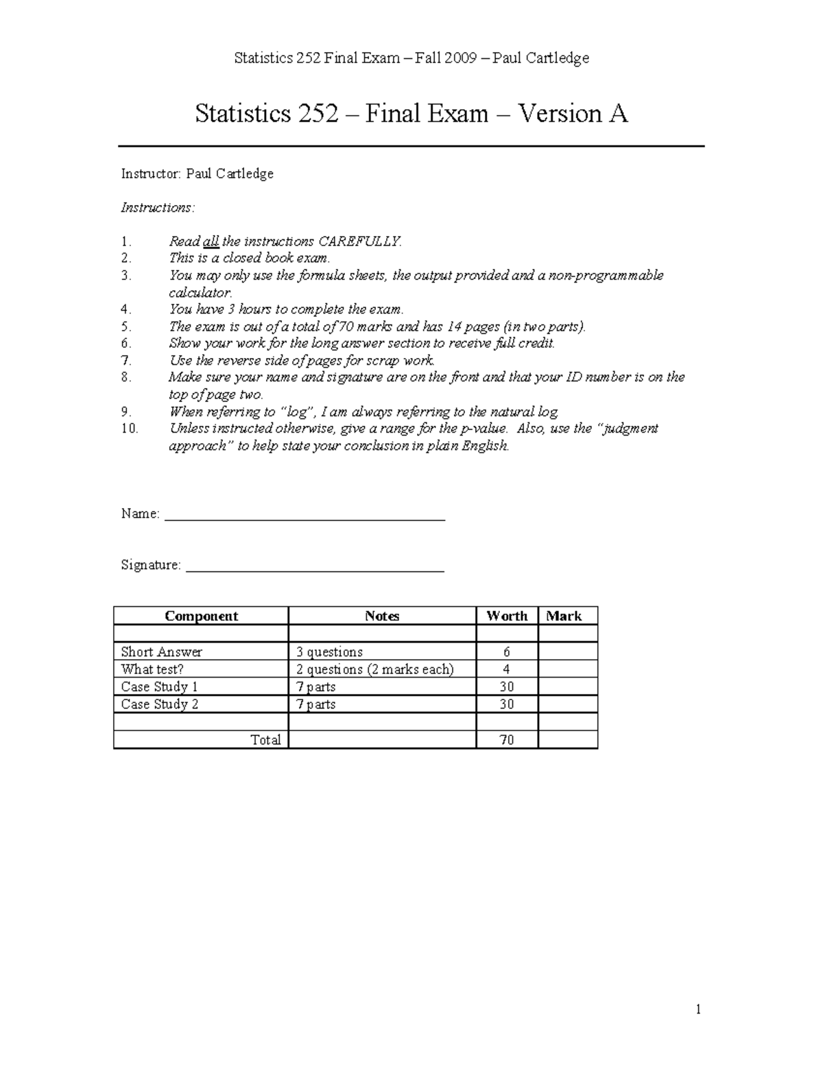 252Practice Final 1 - Statistics 252 – Final Exam – Version A ...