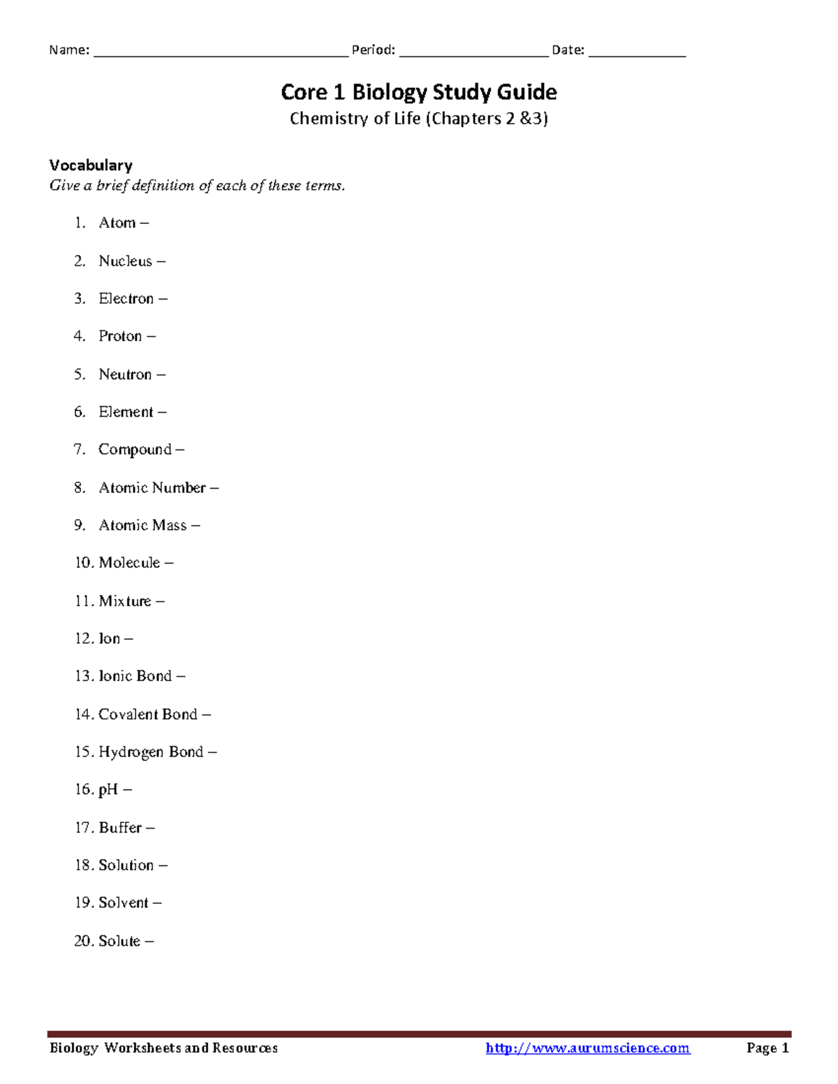 Ch2 & Ch3 Chemistry of Life Study Guide - Name ...