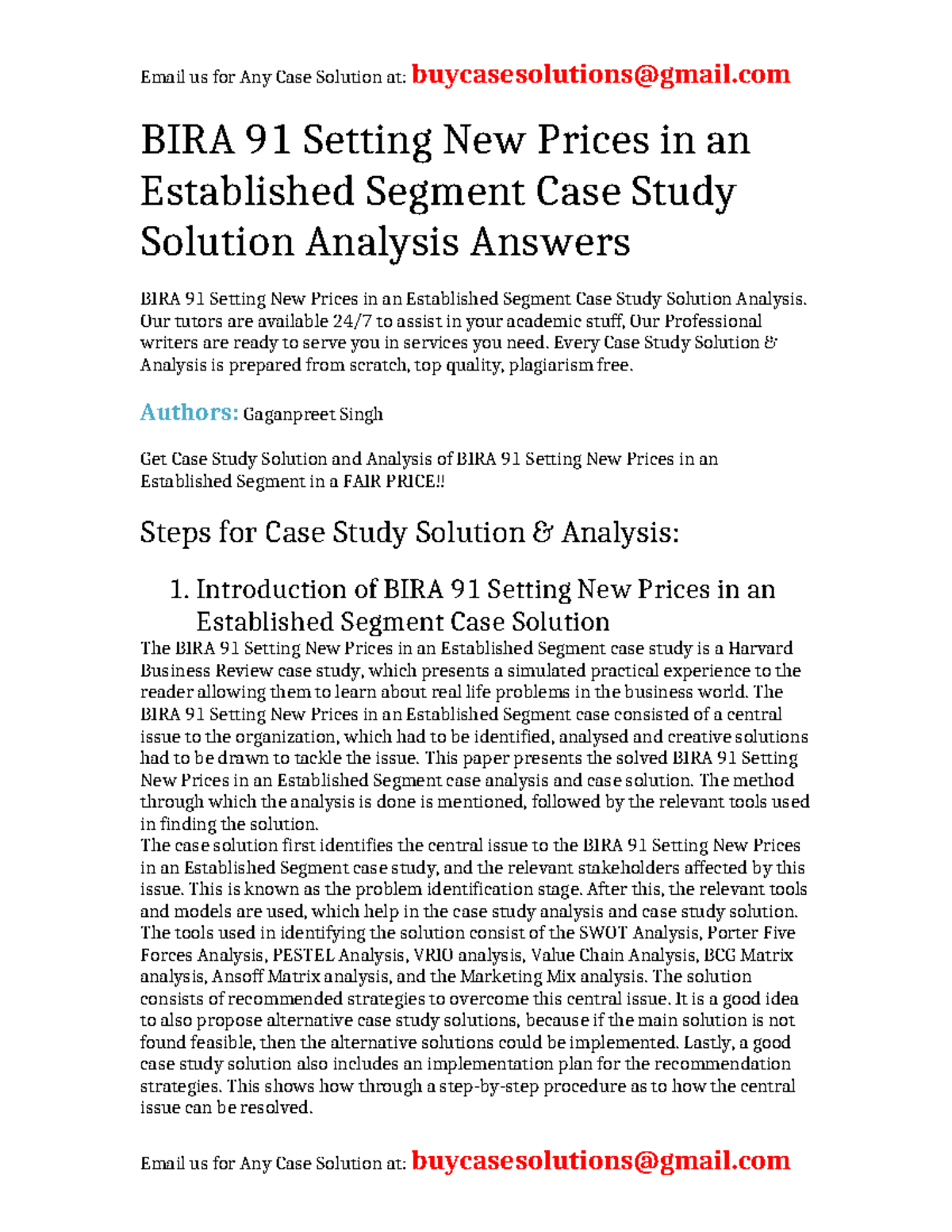 Case Solution BIRA 91 Setting New Prices in an Established Segment - BIRA 91 Setting New Prices ...
