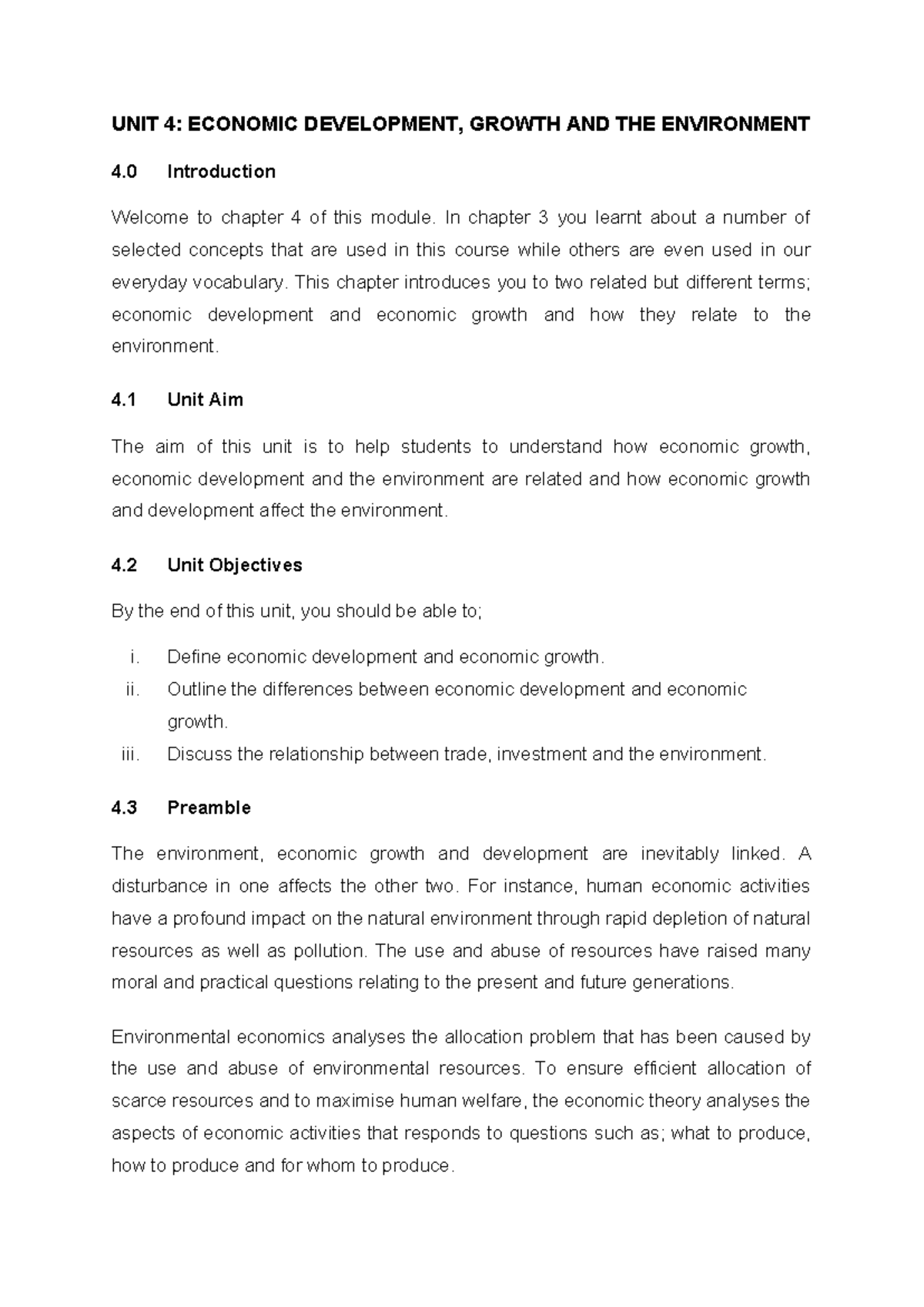 UNIT 4 - UNIT 4: ECONOMIC DEVELOPMENT, GROWTH AND THE ENVIRONMENT 4 ...