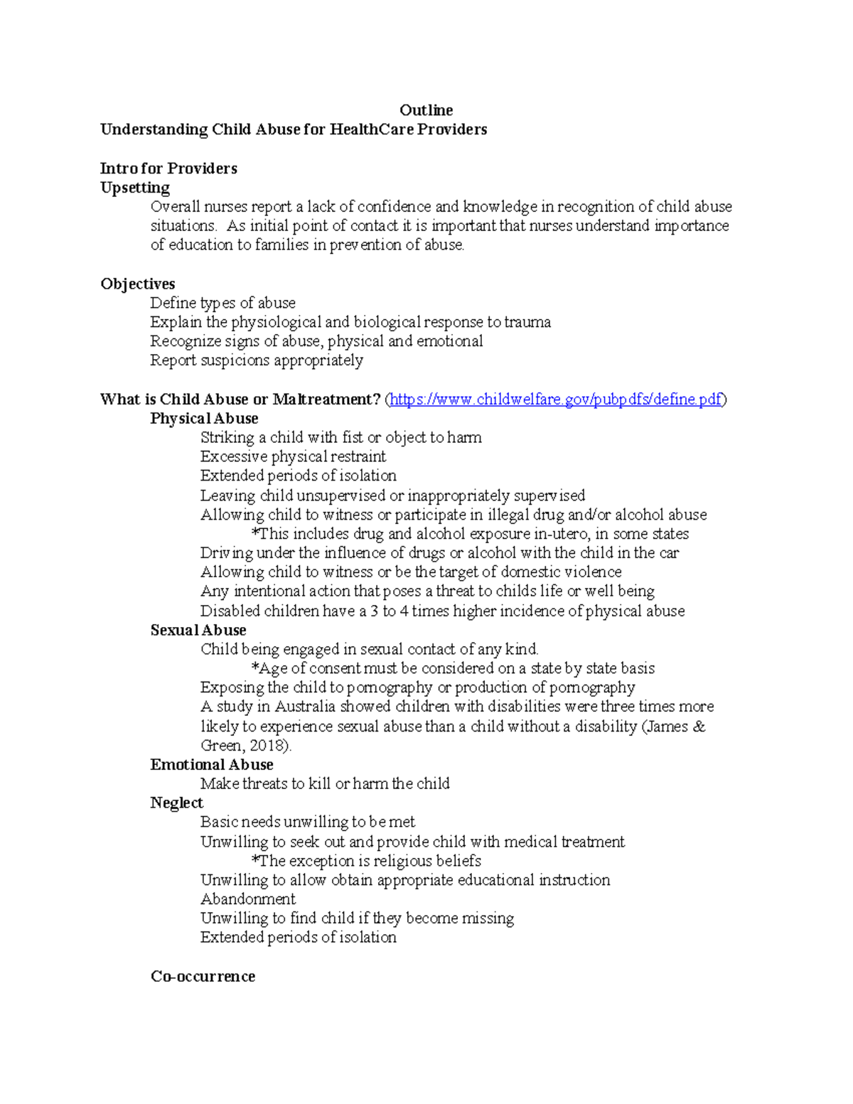 Outline Child Abuse - Notes - Outline Understanding Child Abuse for ...