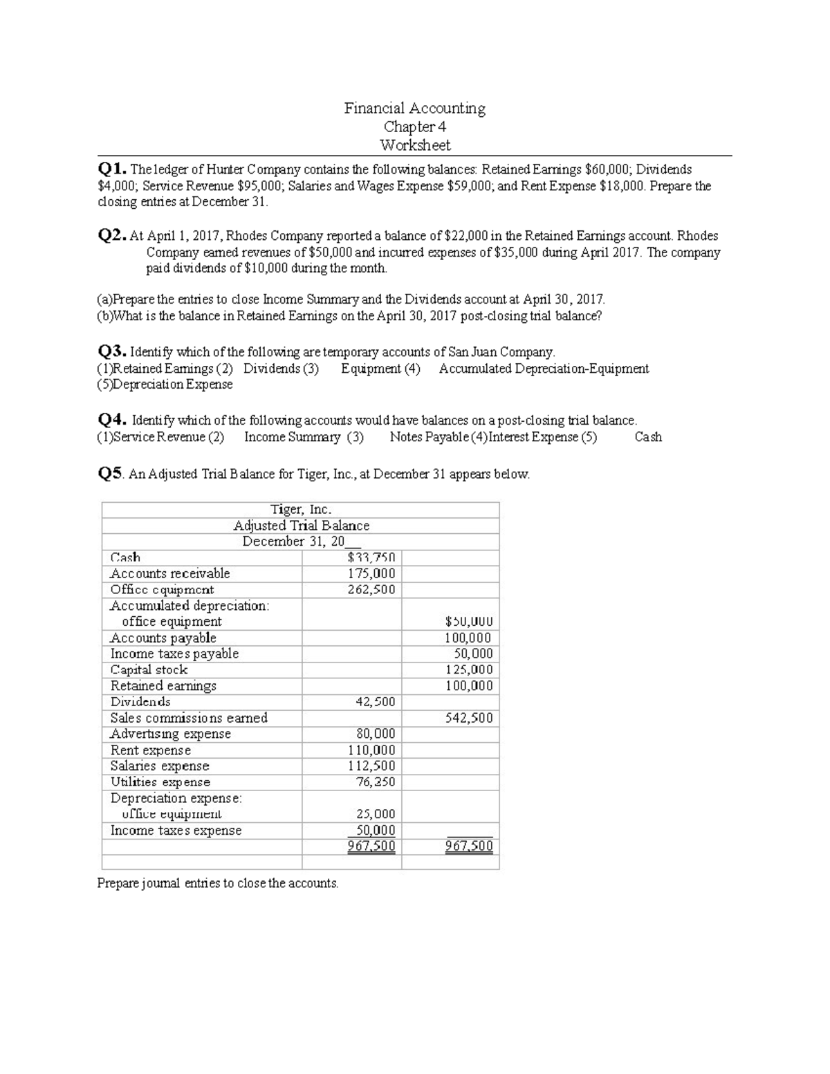 Ch 4 a (2) - fffre - Financial Accounting Chapter 4 Worksheet Q1. The ledger of Hunter Company ...
