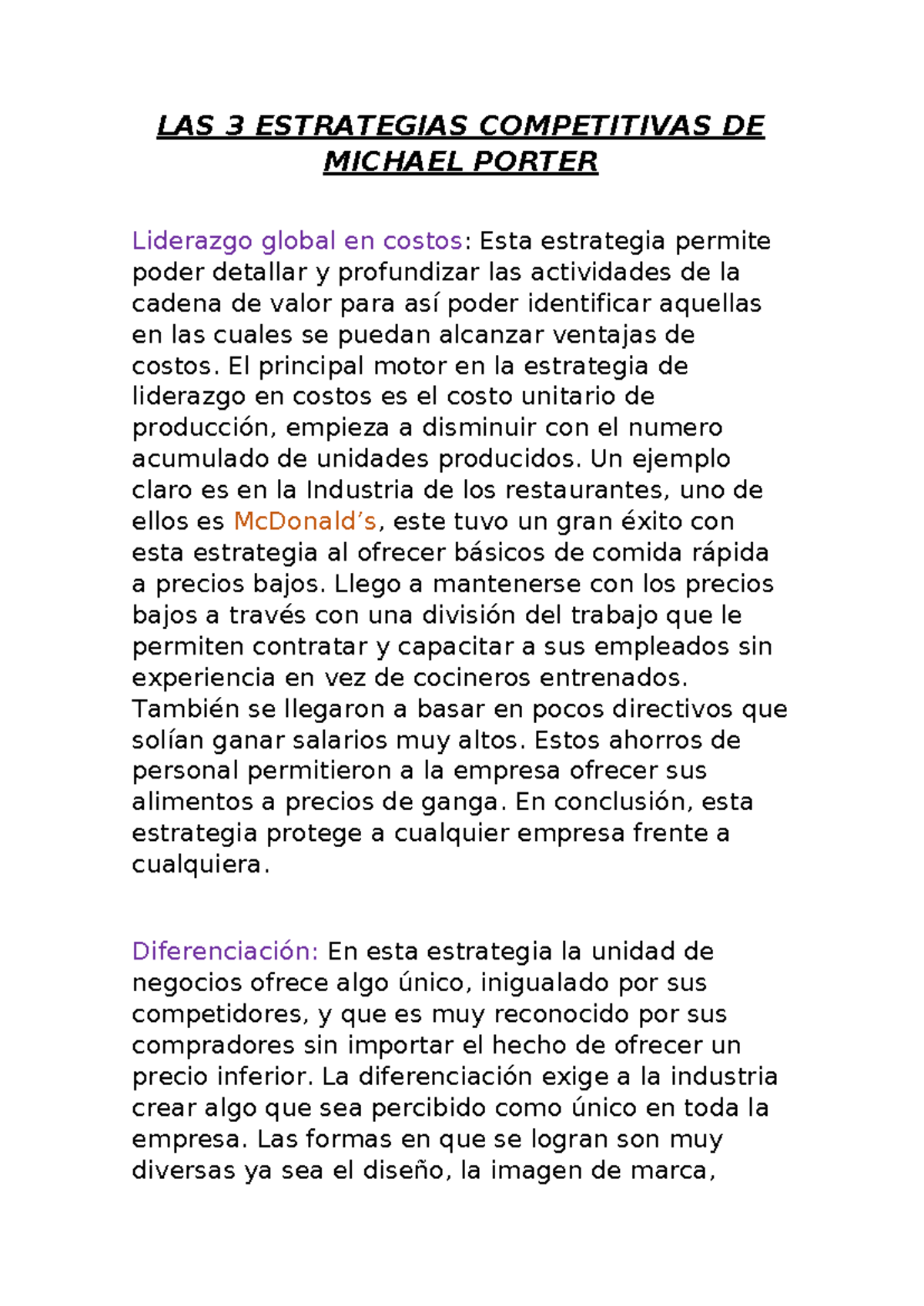LAS 3 Estrategias Competitivas DE Michael Porter- Tarea - LAS 3 ESTRATEGIAS COMPETITIVAS DE ...