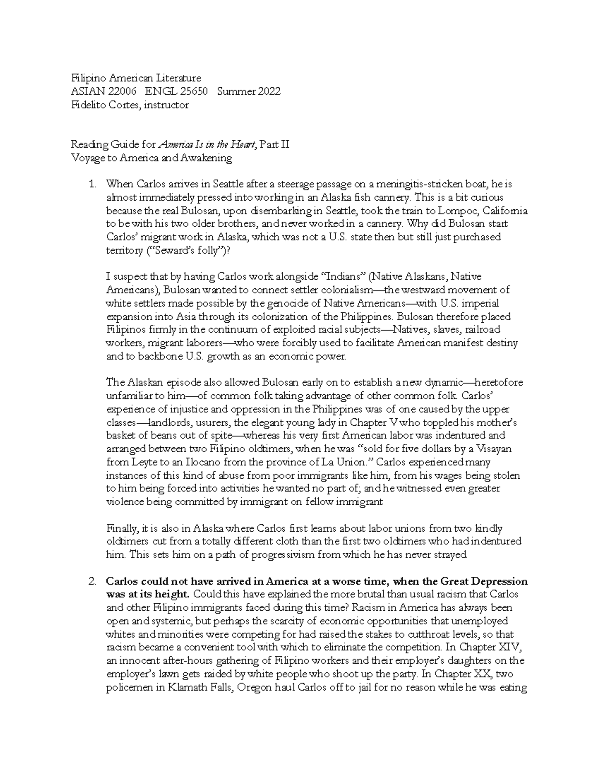 Part II Reading Guide America Is in the Heart - Filipino American ...