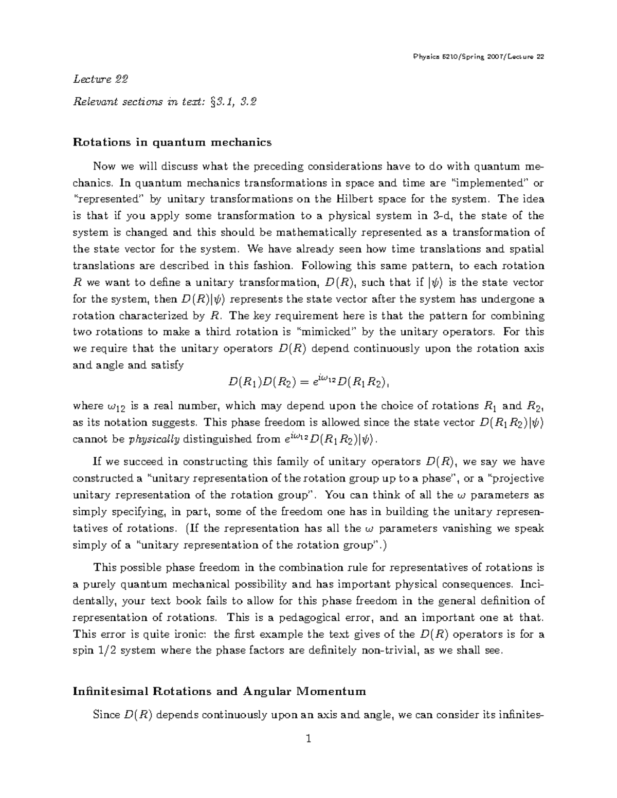 22.pdf rotation in quantum mechanics - Physics 22 Lecture 22 Relevant ...