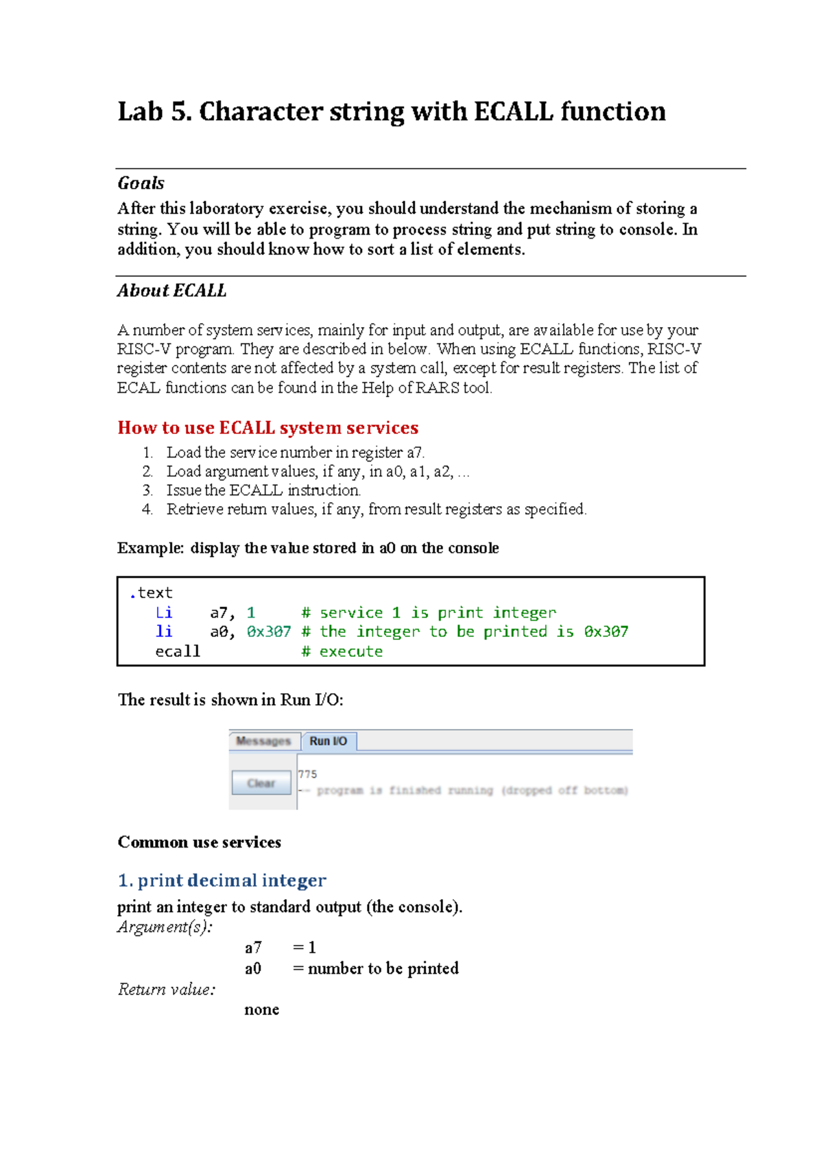 Lab05 Riscv ICT - adsf - Lab 5. Character string with ECALL function Goals After this laboratory ...