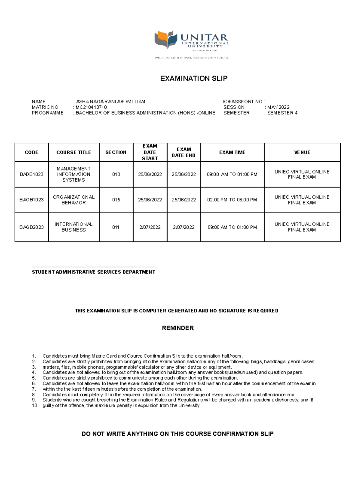 Document - Quiz - EXAMINATION SLIP NAME : ASHA NAGA RANI A/P WILLIAM IC ...