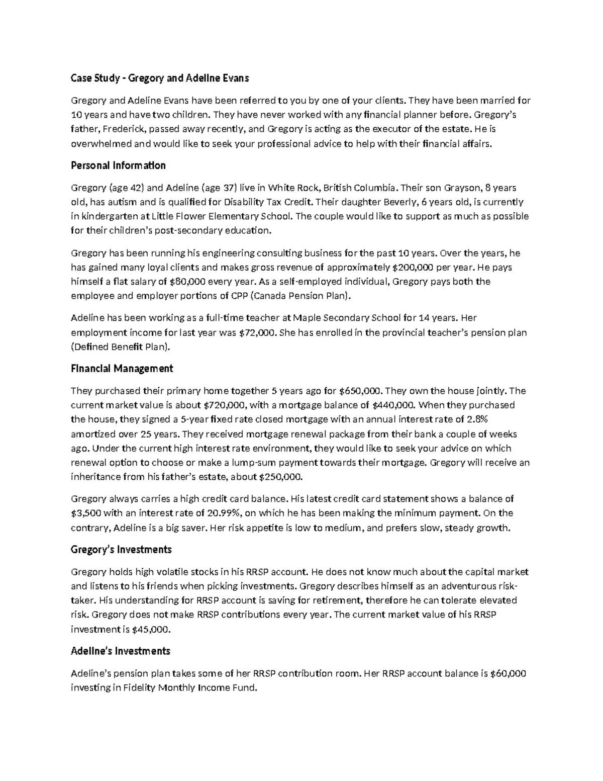 Case Study Individual Assignment Evans 2 - Case Study - Gregory and Adeline Evans Gregory and ...