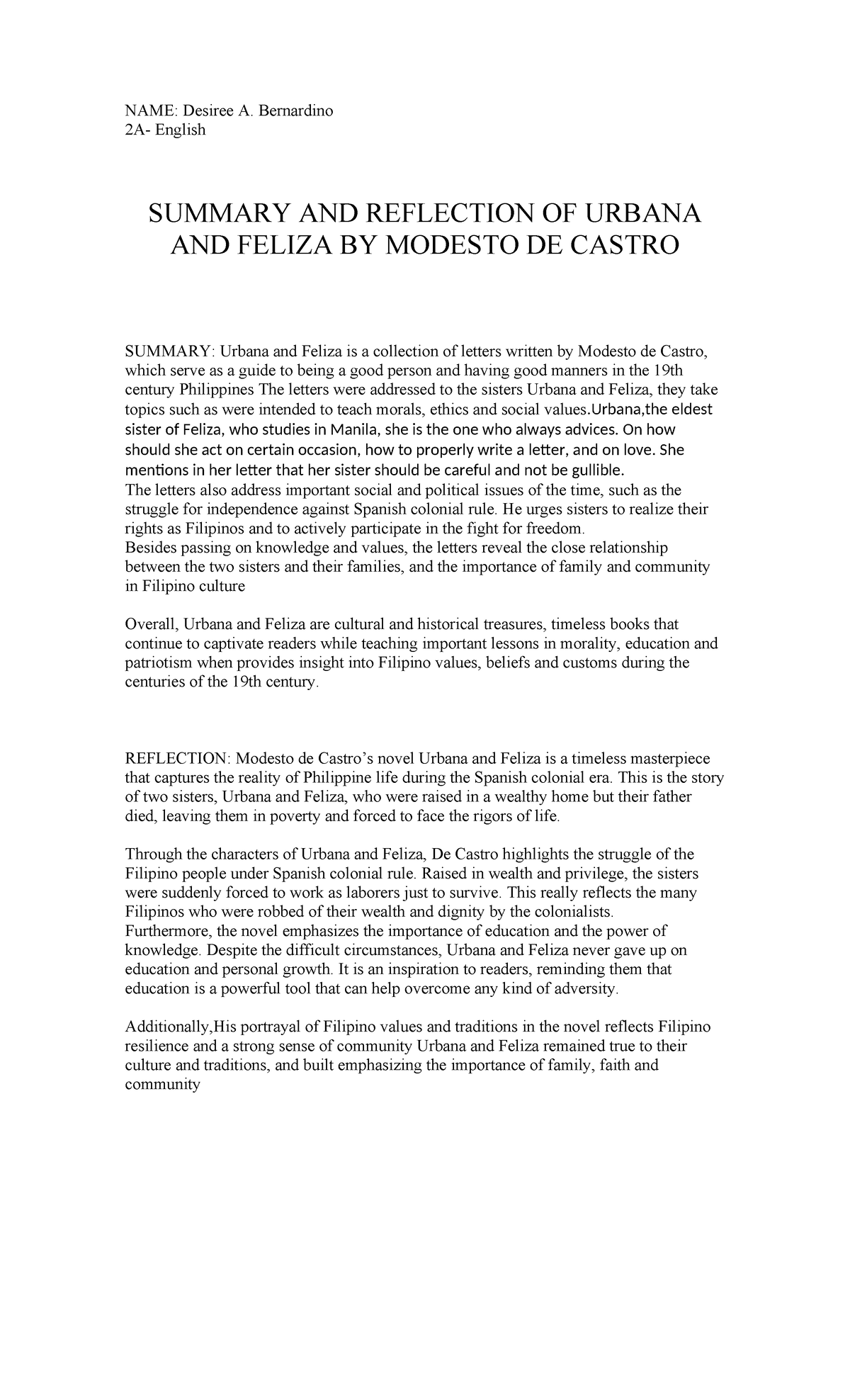 Urbana and Feliza - Notes - NAME: Desiree A. Bernardino 2A- English ...