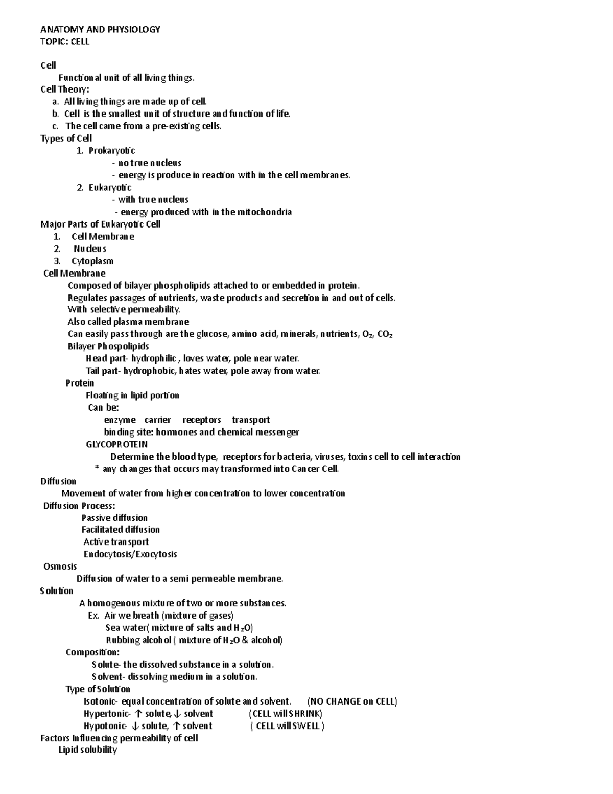 Module 3 Handouts Cell - ANATOMY AND PHYSIOLOGY TOPIC: CELL Cell ...