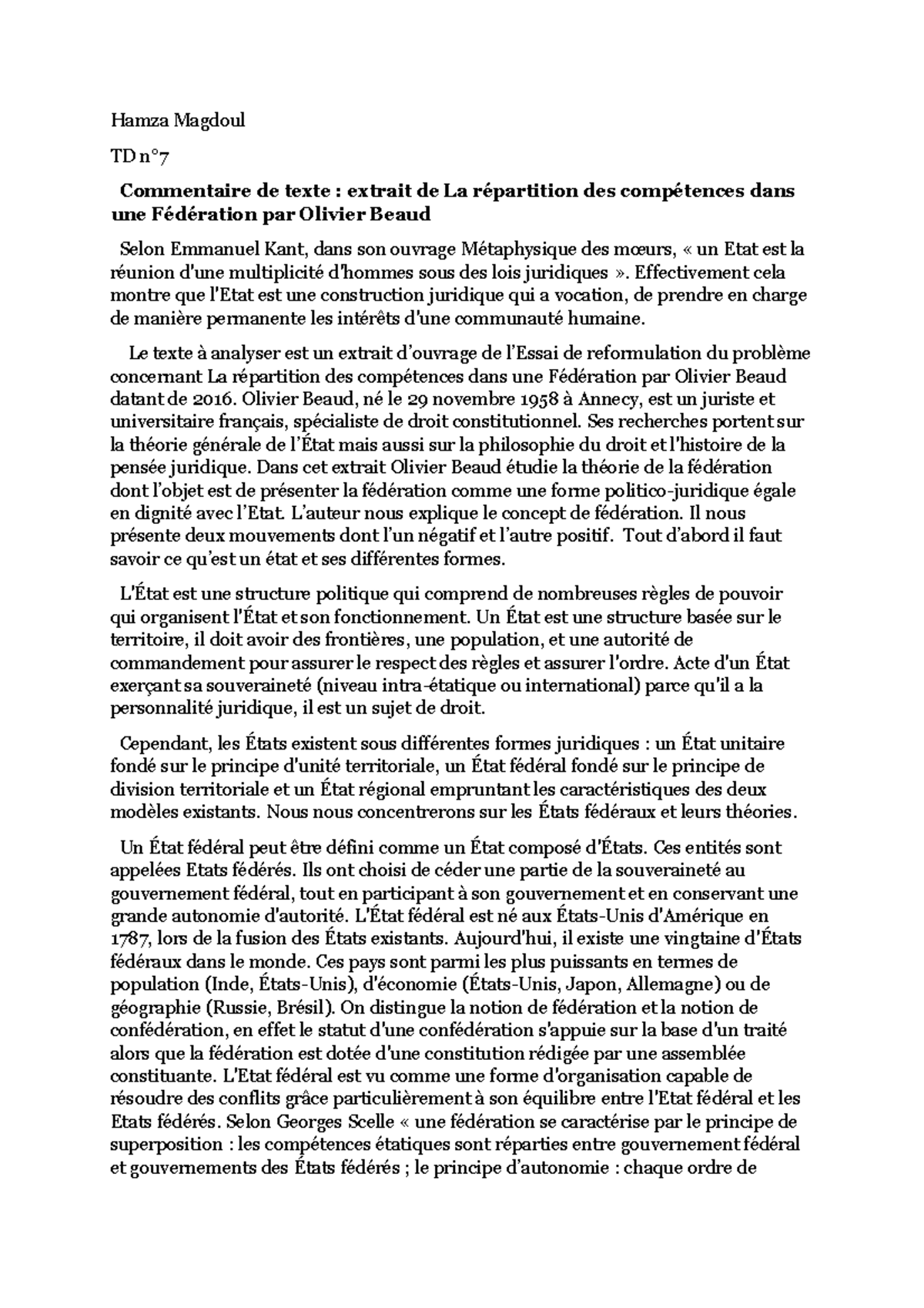 Commentaire de texte extrait de La répartition des compétences dans une Fédération par Olivier ...