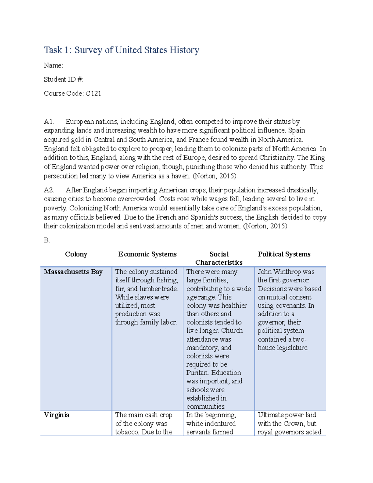 Task 1 Survey of United States History - Task 1: Survey of United ...