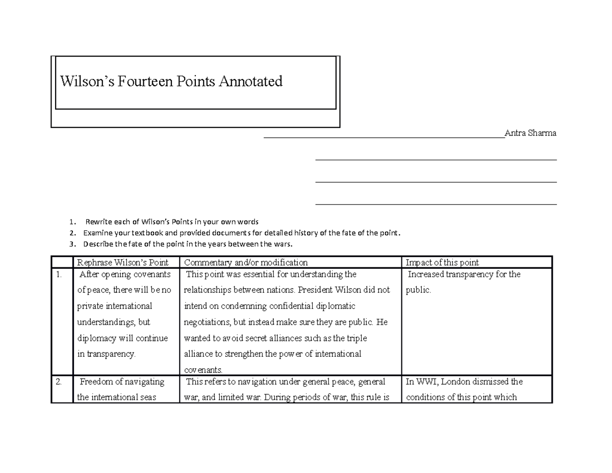 Wilson's 14 points - Wilson’s Fourteen Points Annotated - Studocu