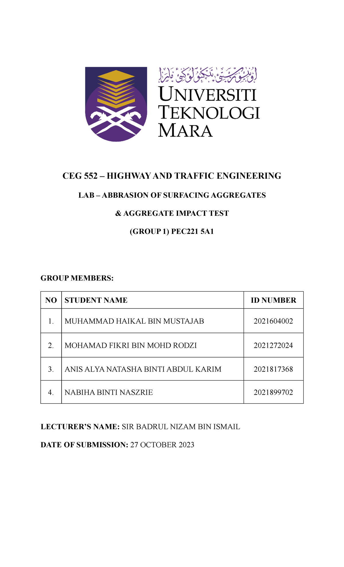 WEEK 2 LAB (LA & Impact) - CEG 552 – HIGHWAY AND TRAFFIC ENGINEERING ...