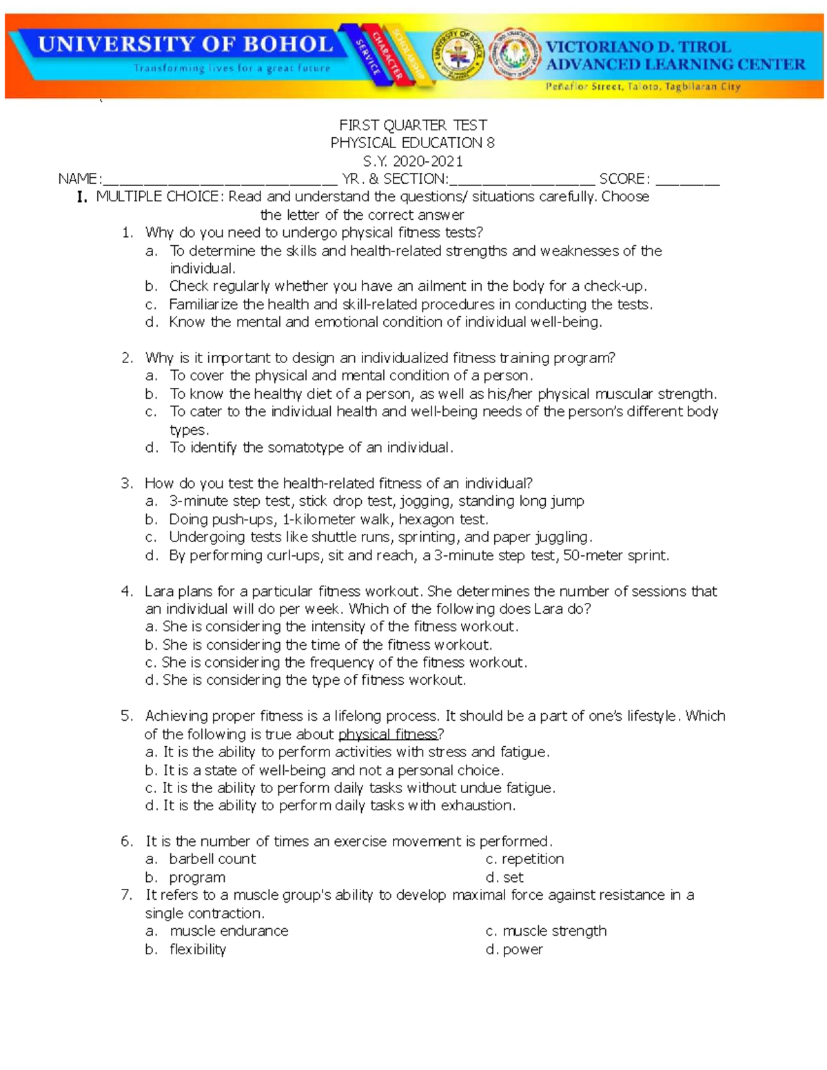 First Quarter TEST PE 8 - not necessary - ` FIRST QUARTER TEST PHYSICAL ...