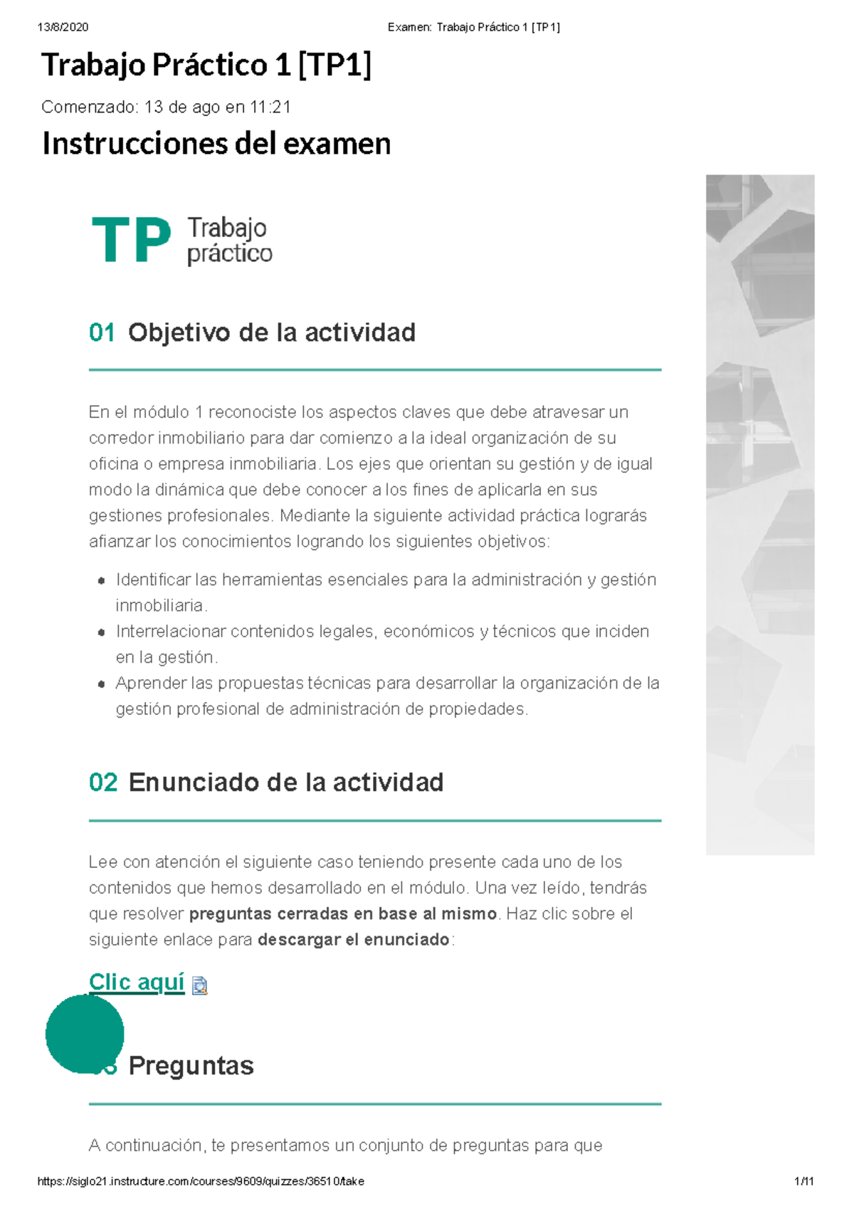Examen Trabajo Práctico 1 [TP1] 95% - Trabajo Práctico 1 [TP1] Comenzado: 13 de ago en 11: - Studocu