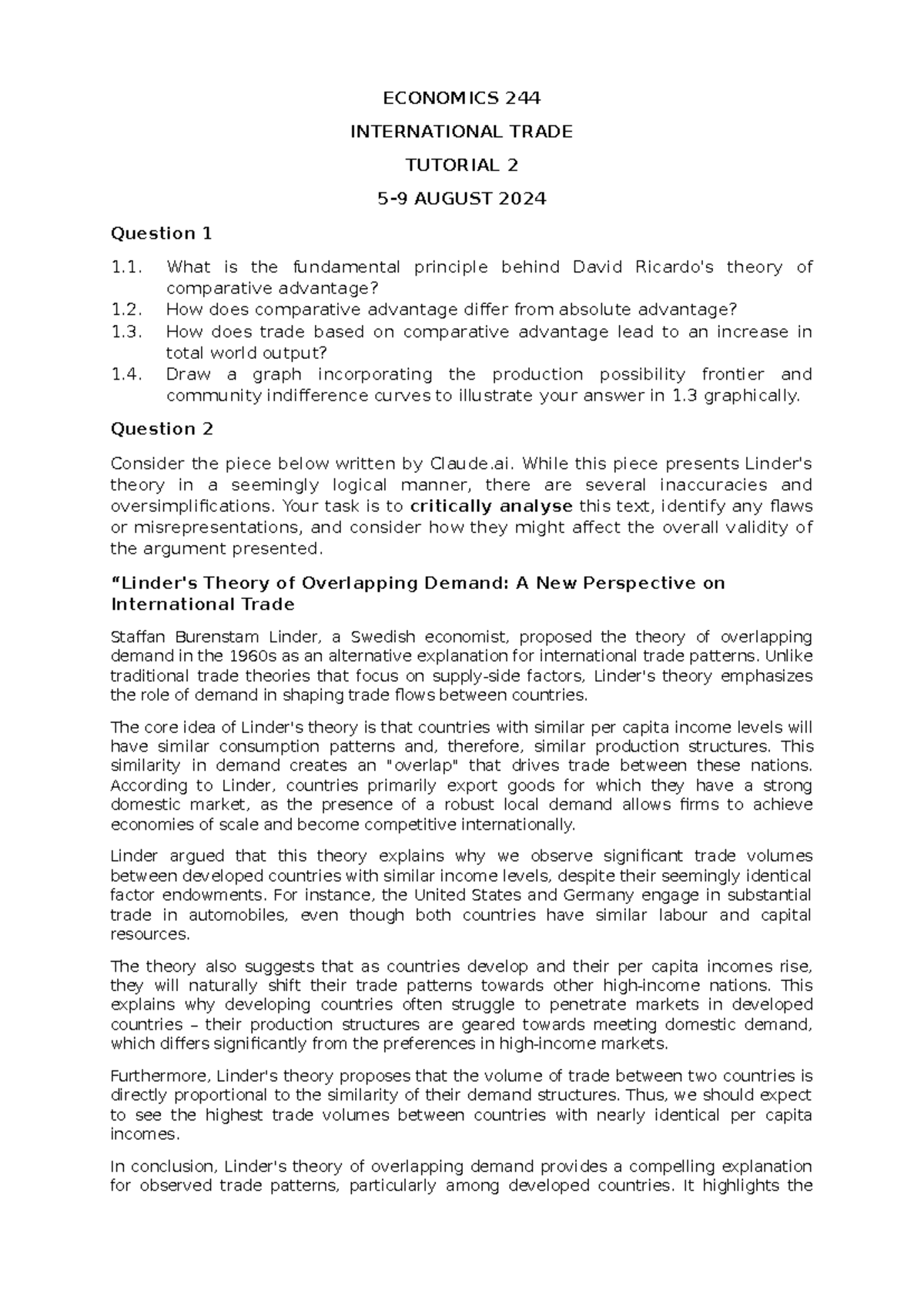 Economics 244 Trade Tutorial 2 - ECONOMICS 244 INTERNATIONAL TRADE ...