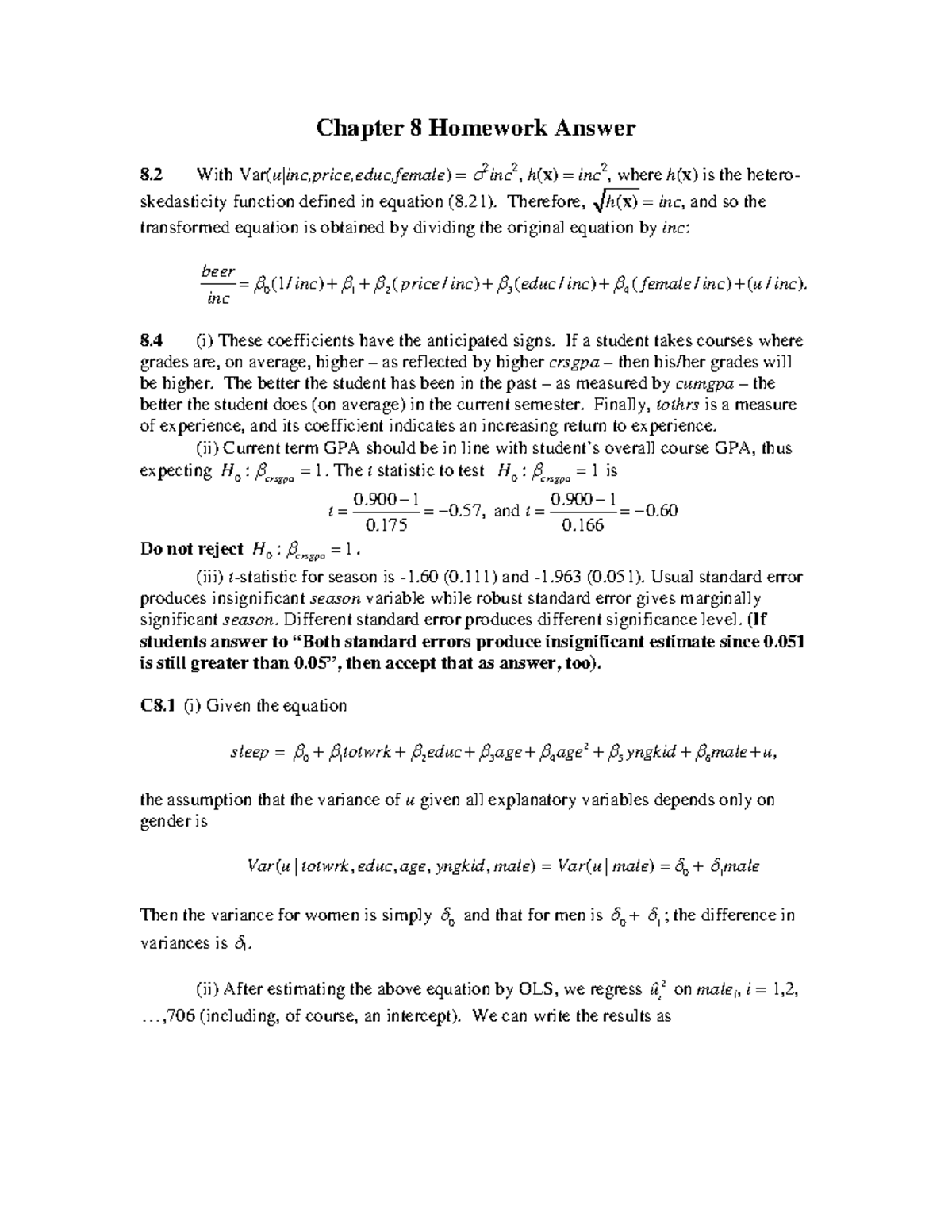 Econometrics Chapter 8 Chapter 8 Homework Answer 8 With Var U Inc