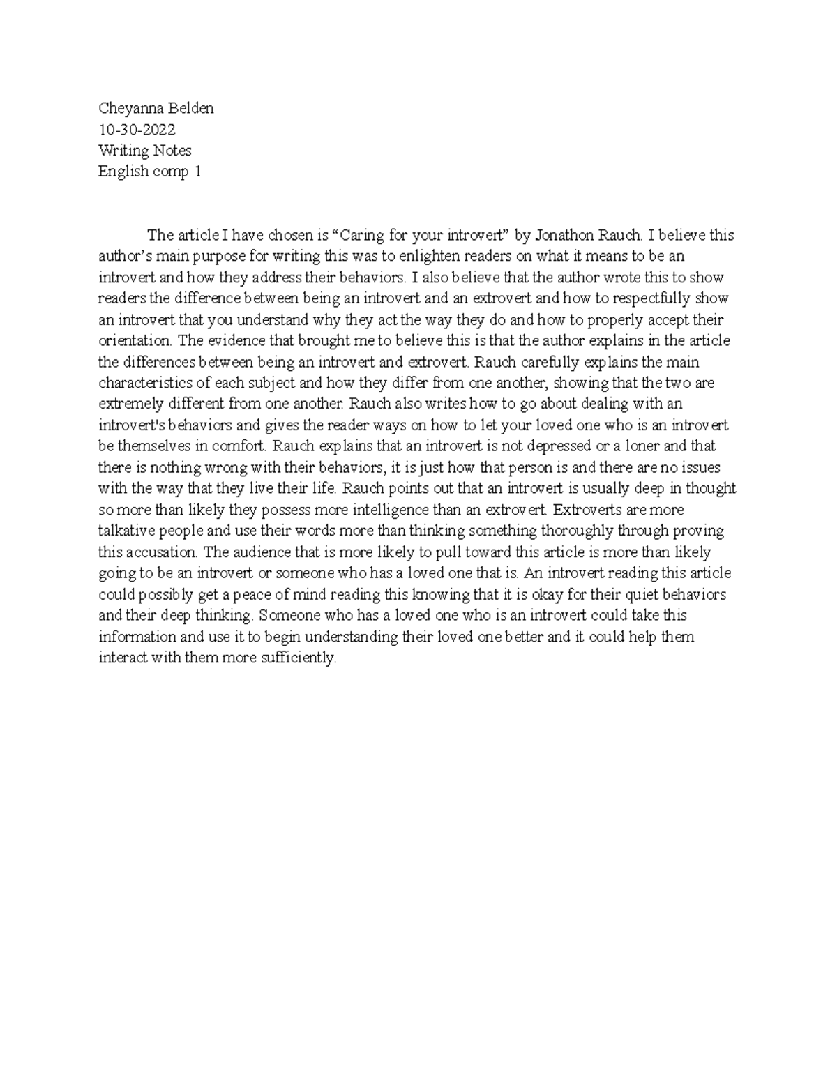 Writing notes - Cheyanna Belden 10-30- Writing Notes English comp 1 The ...