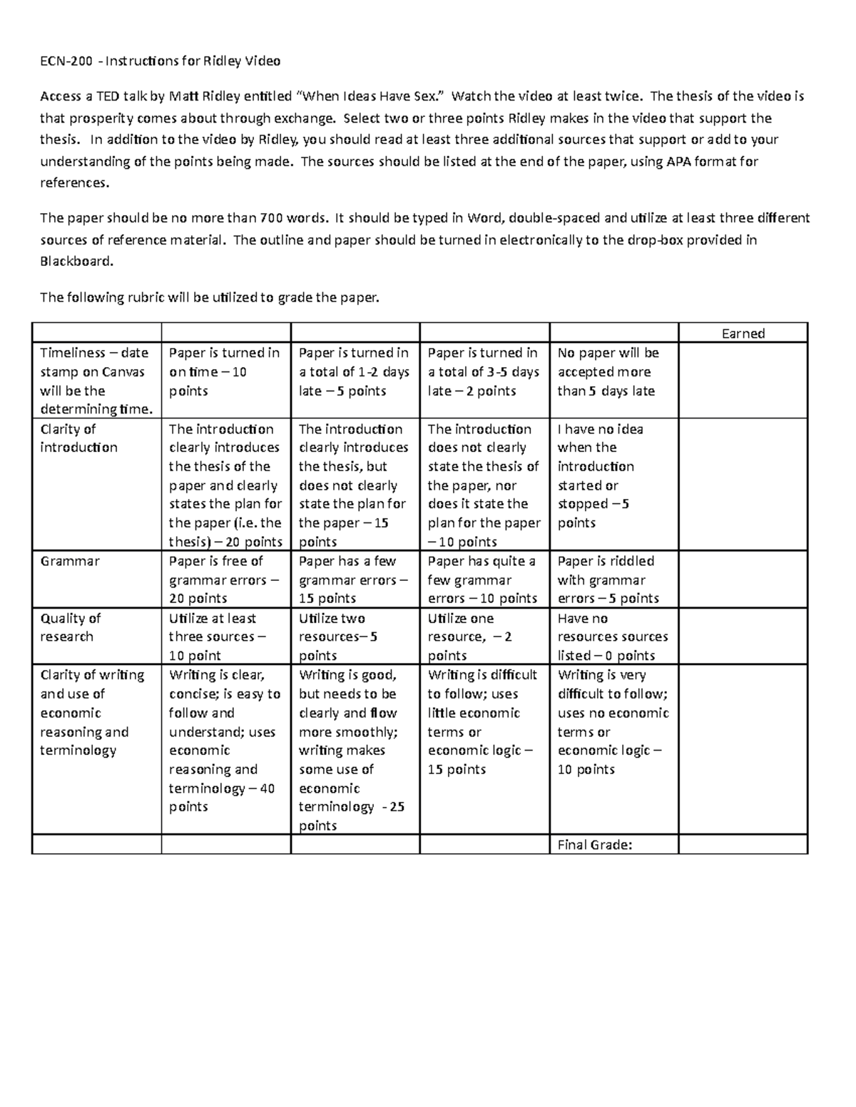 Ridley Rubric - Fall 2020 - ECN-200 - Instructions for Ridley Video ...