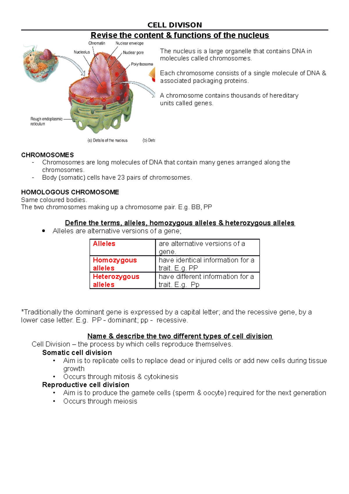 NNS SEM 2 EXAM 2 - BN NOTES SUMMARY - CELL DIVISON Revise the content ...