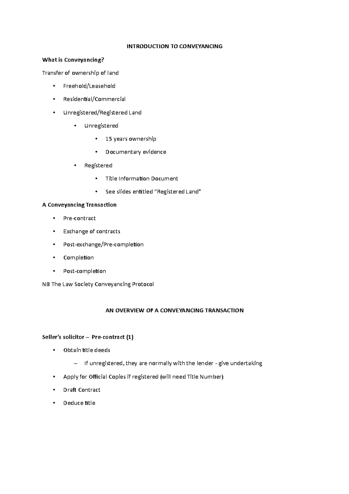 A conveyancing transaction - INTRODUCTION TO CONVEYANCING What is ...