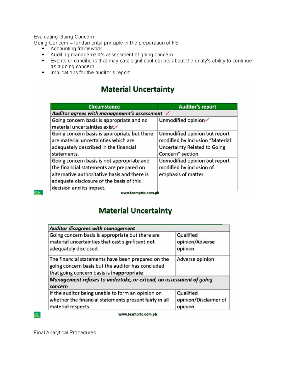 Evaluating Going Concern - Evaluating Going Concern Going Concern – fundamental principle in the ...