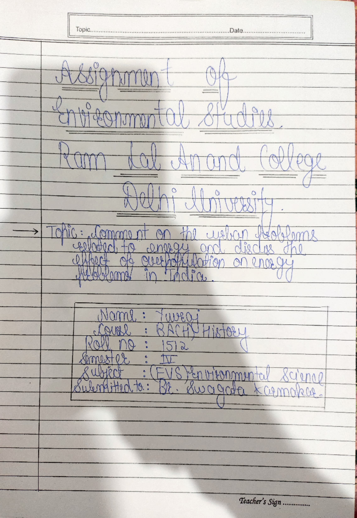 Evssem 4 - EVs assignment - Topic Date Assignment OF Environmental ...