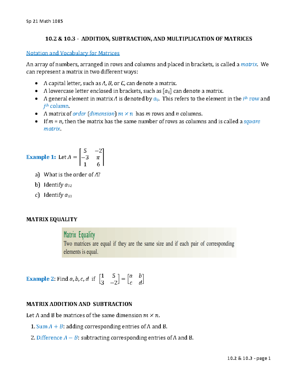 10.2-10.3 Basic Matrix Operations Skeletal Note - 10 & 10 - ADDITION ...