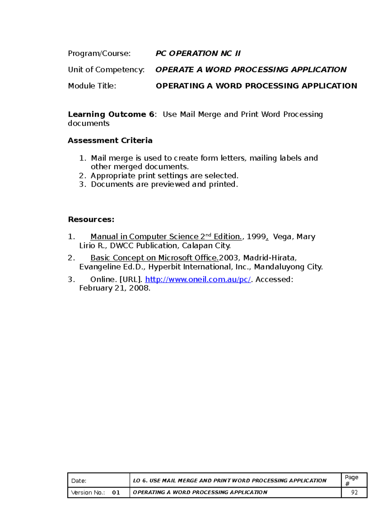 LO6 word - Module - Program/Course: PC OPERATION NC II Unit of ...